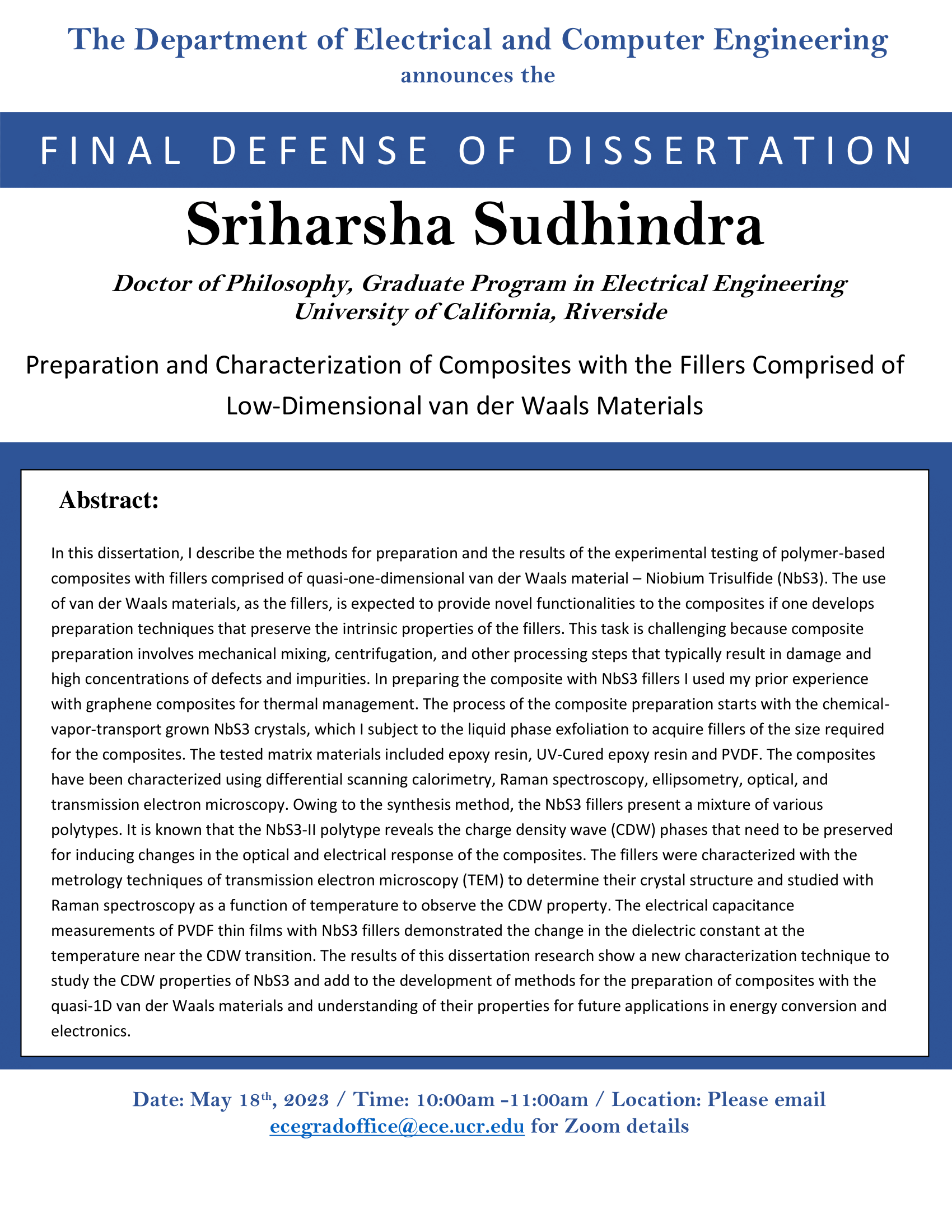 Final Defense of Dissertation: Sriharsha Sudhindra | Department of Electrical and Computer ...